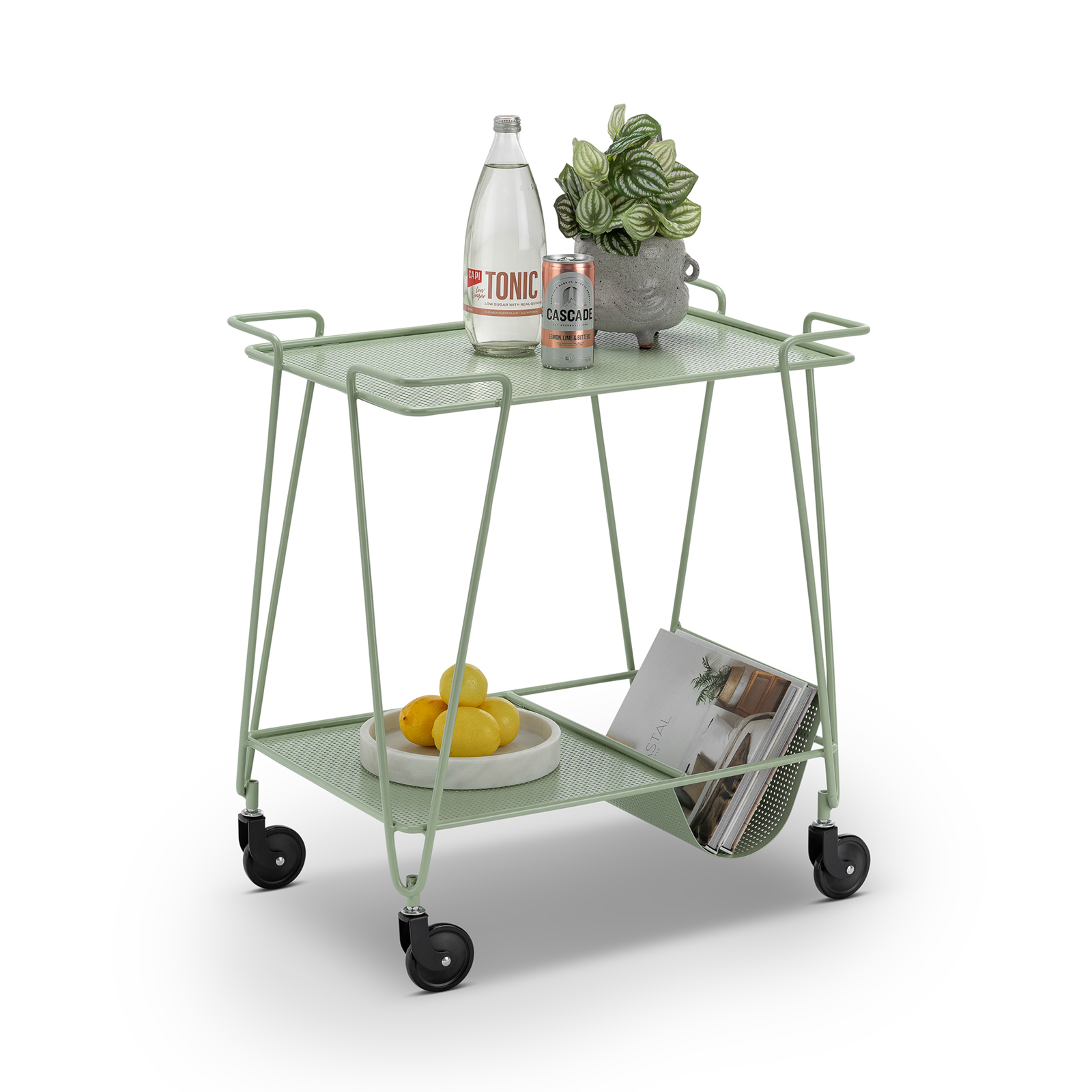 Kian Steel Bar Cart, Sage Green by L3 Home - Style Sourcebook